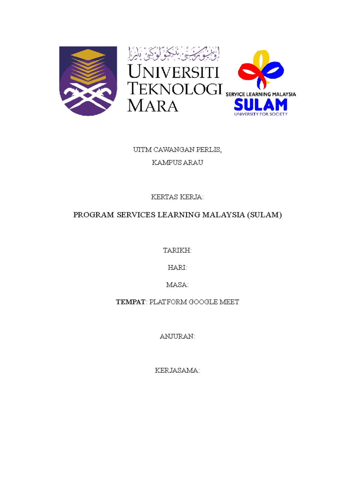 Kertas Kerja Sulam - UITM CAWANGAN PERLIS, KAMPUS ARAU KERTAS KERJA ...
