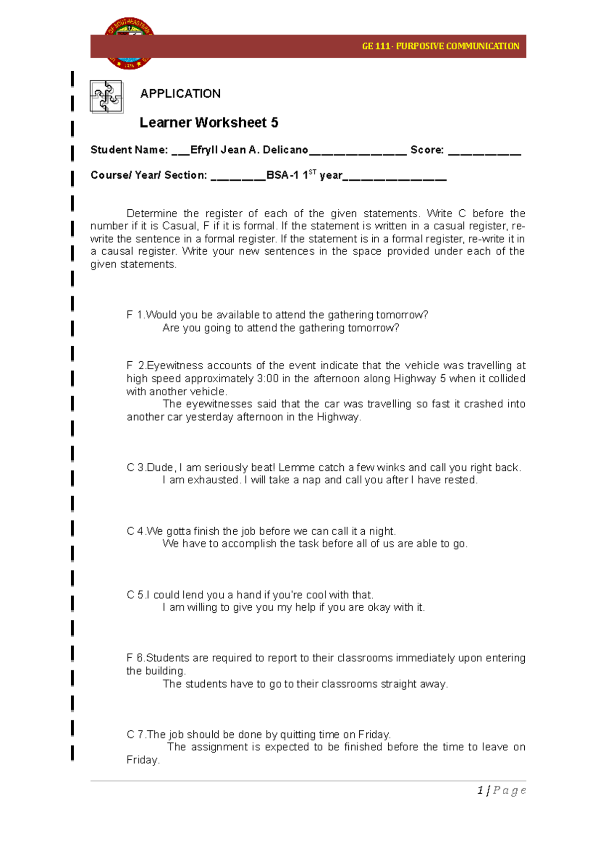 Delicano Purp Comm Application Formal-Casual Register Jan12 - GE 111 ...