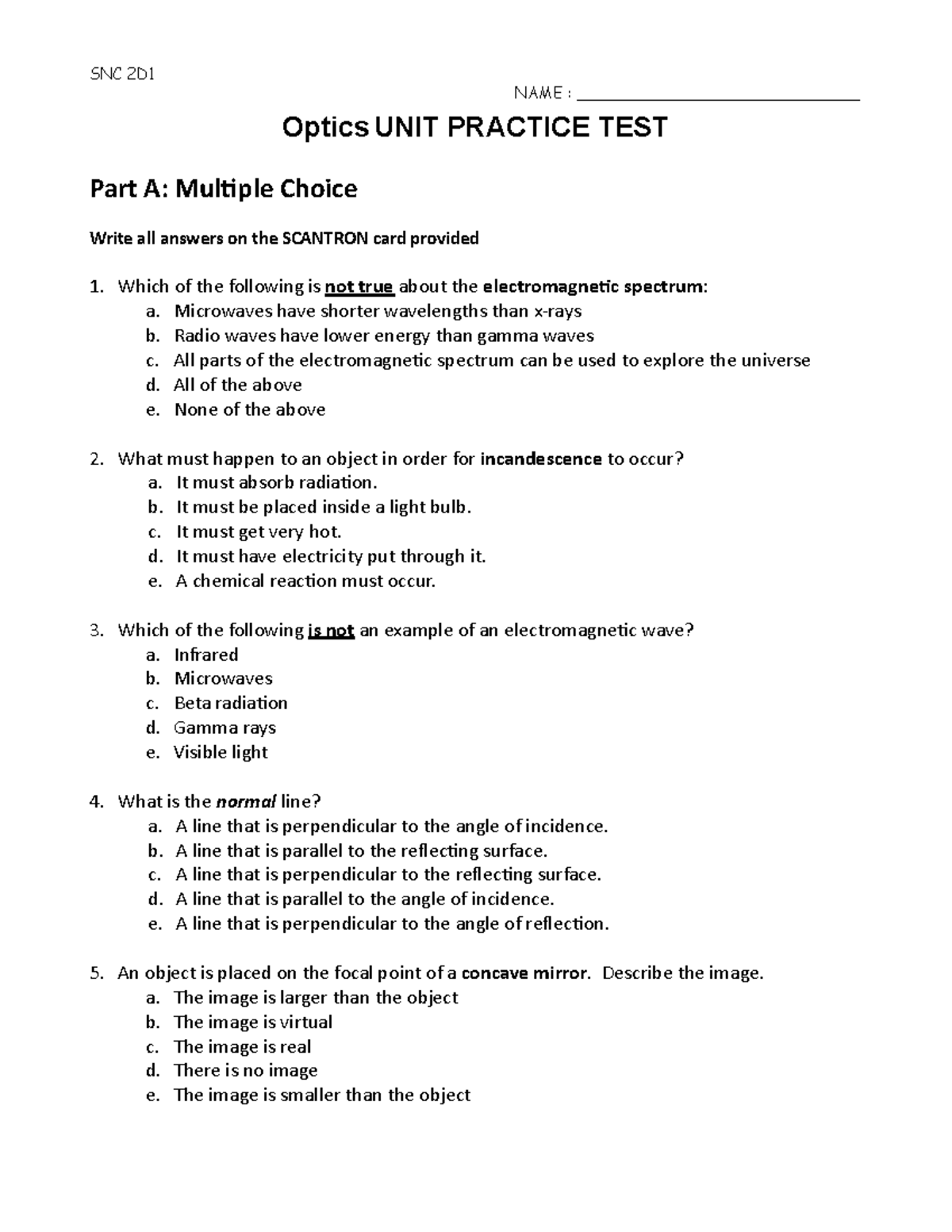 00 - Optics Unit Test - Practice TEST - NAME ...