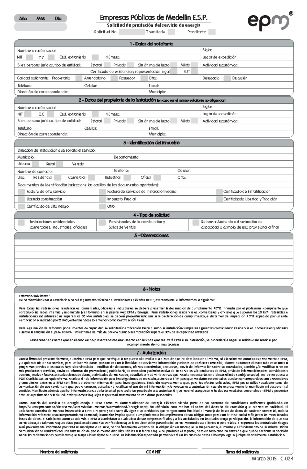 Formato solicitud de prestacion del servicio de energia epm - Año Mes Día Empresas Públicas de ...