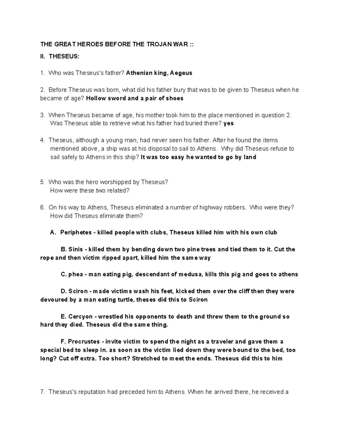 Test 7 Final - THE GREAT HEROES BEFORE THE TROJAN WAR :: II. THESEUS: 1 ...