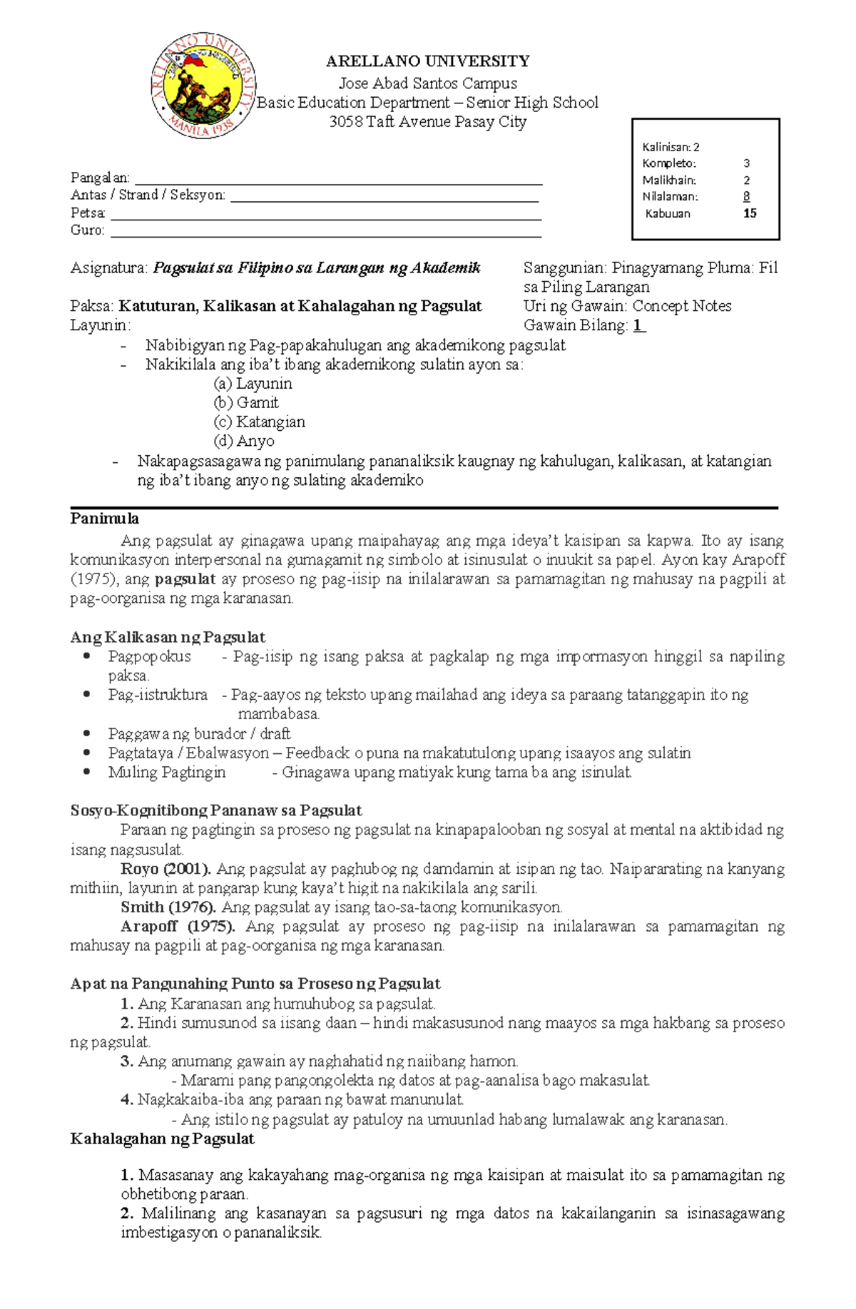 DLP 1-L01 - ARELLANO UNIVERSITY Jose Abad Santos Campus Basic Education Department – Senior High ...