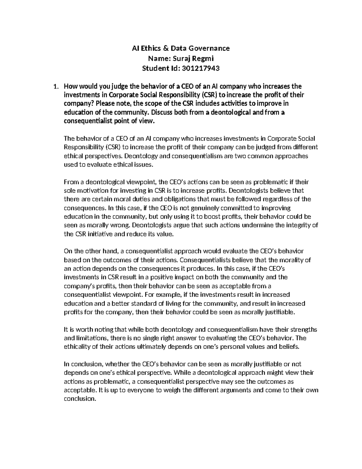 Assignment 1 AI ethics - AI Ethics & Data Governance Name: Suraj Regmi ...