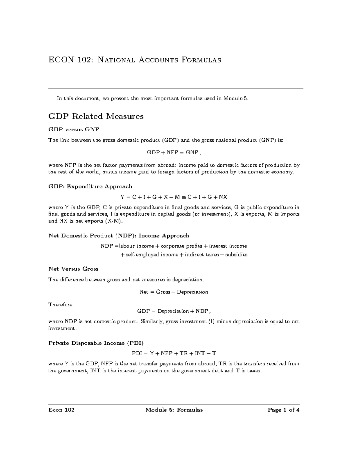 Formula Module 5 - econ - ECON 102: National Accounts Formulas In this ...