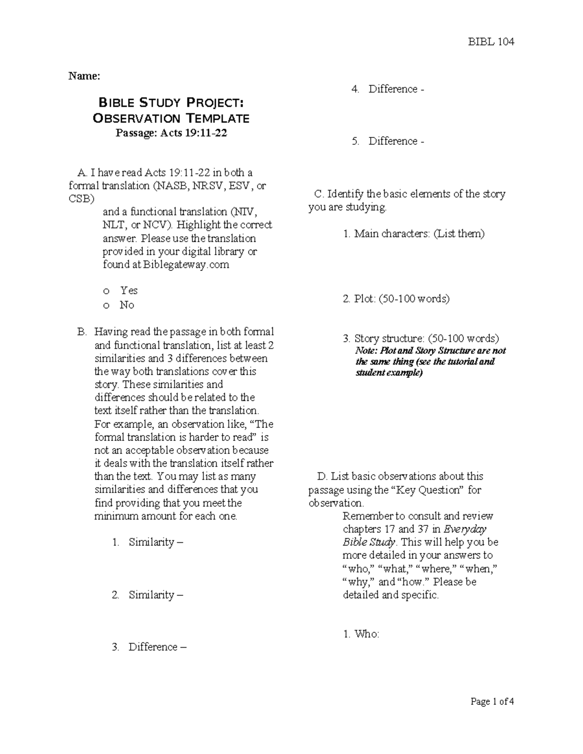 Bible Study Project Observation Template - Name: BIBLE STUDY PROJECT ...