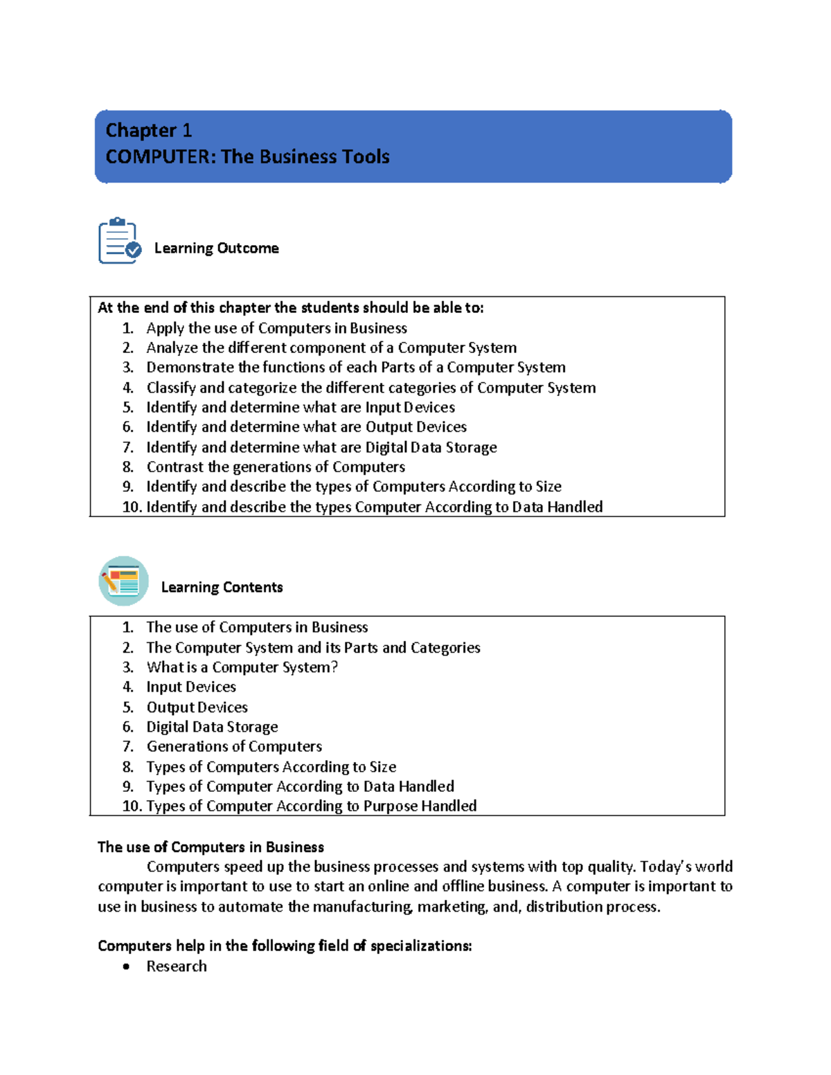 Module 1 IT - BUSINESS TOOLS - Learning Outcome At the end of this ...