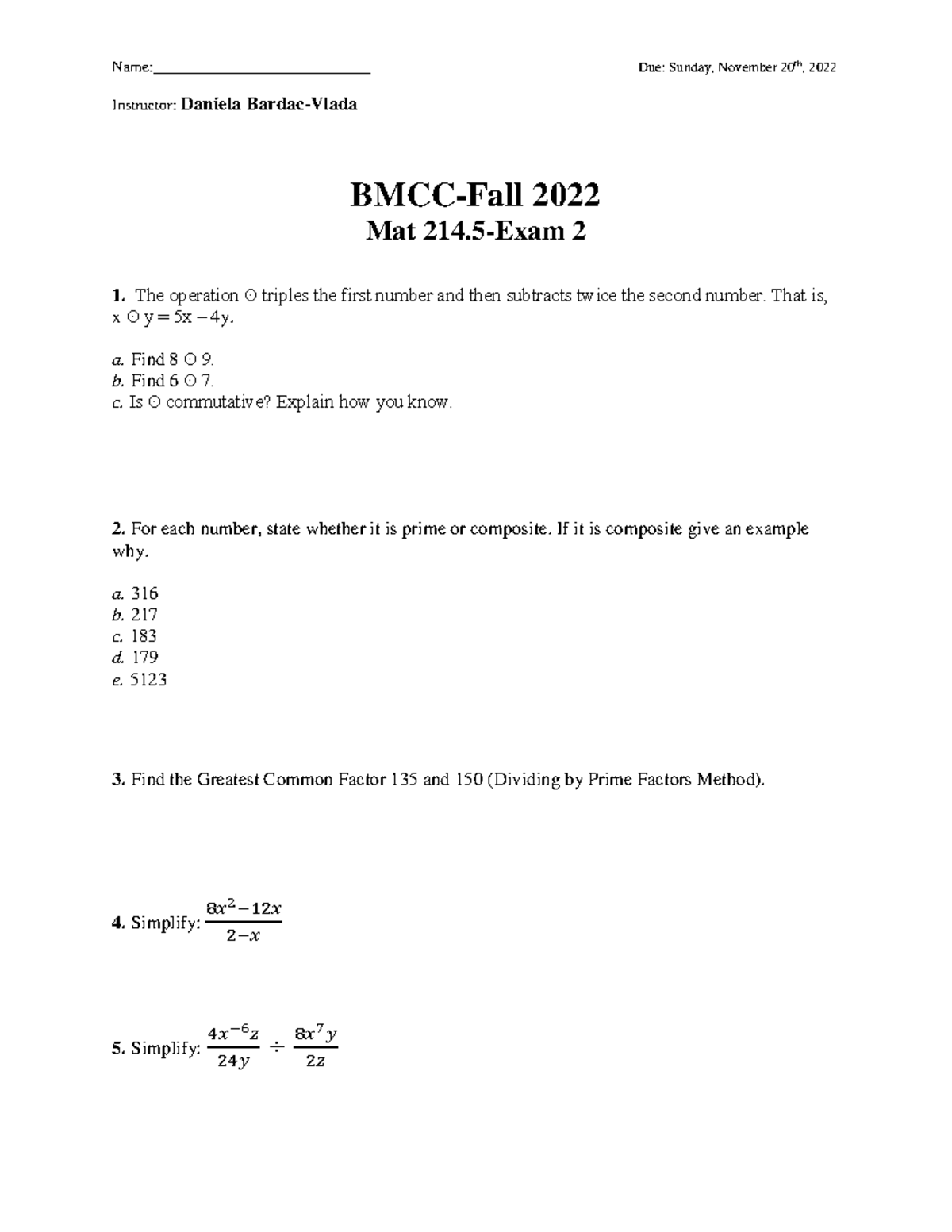 Mat 214.5 Exam 2 - mat 214 - Name:____________________________ Due ...