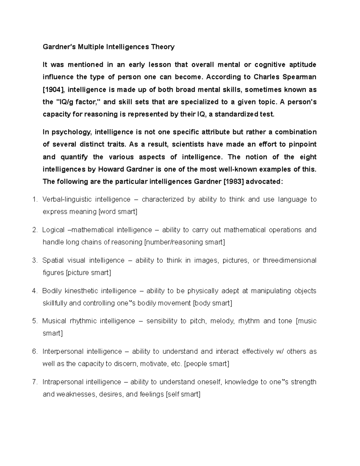 Reponsible Self - Gardner's Multiple Intelligences Theory - Gardner's ...