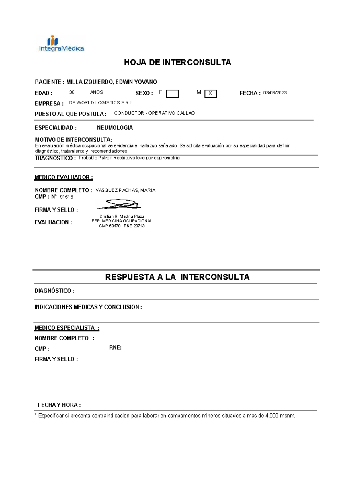 Observacion - Milla Izquierdo, Edwin Yovano - HOJA DE INTERCONSULTA ...