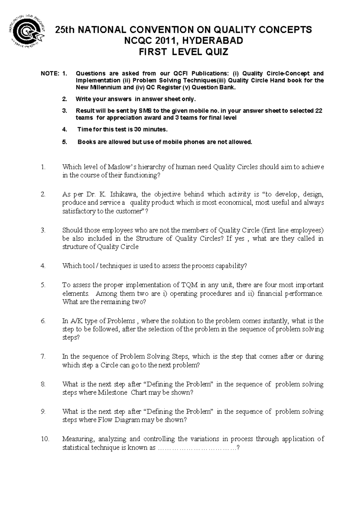 Knowledge Test - OMngdfs - 25th NATIONAL CONVENTION ON QUALITY CONCEPTS ...