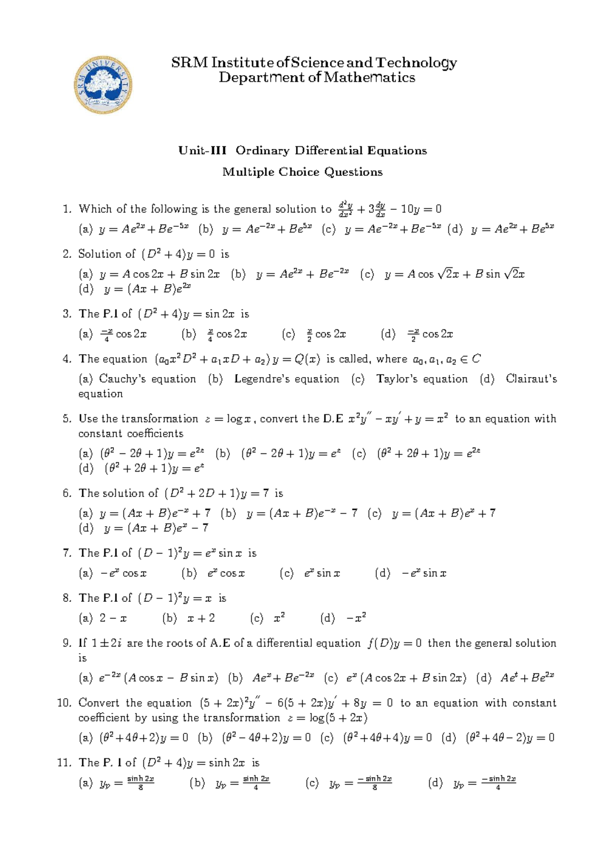 Unit-3-ODE - Unit-III Ordinary Differential Equations Multiple Choice ...