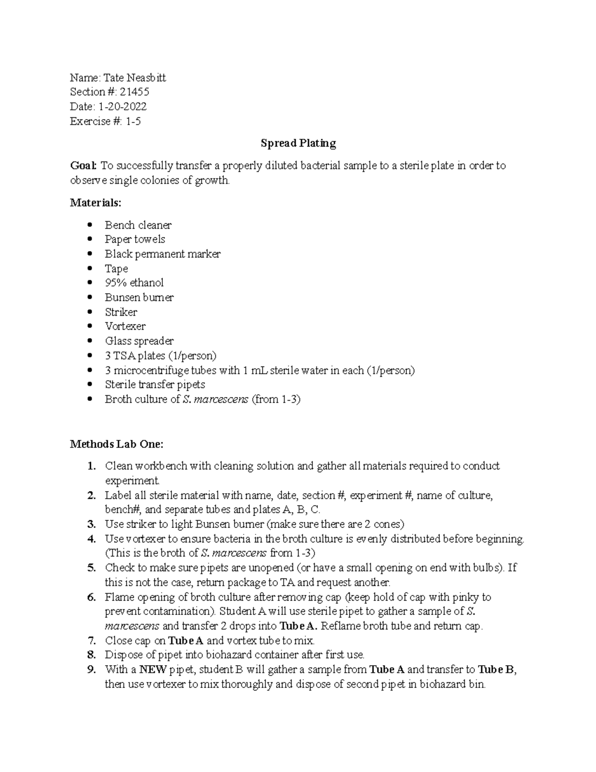 Pre Lab 1-5 - Pre lab for assignment 1-5 - Name: Tate Neasbitt Section ...