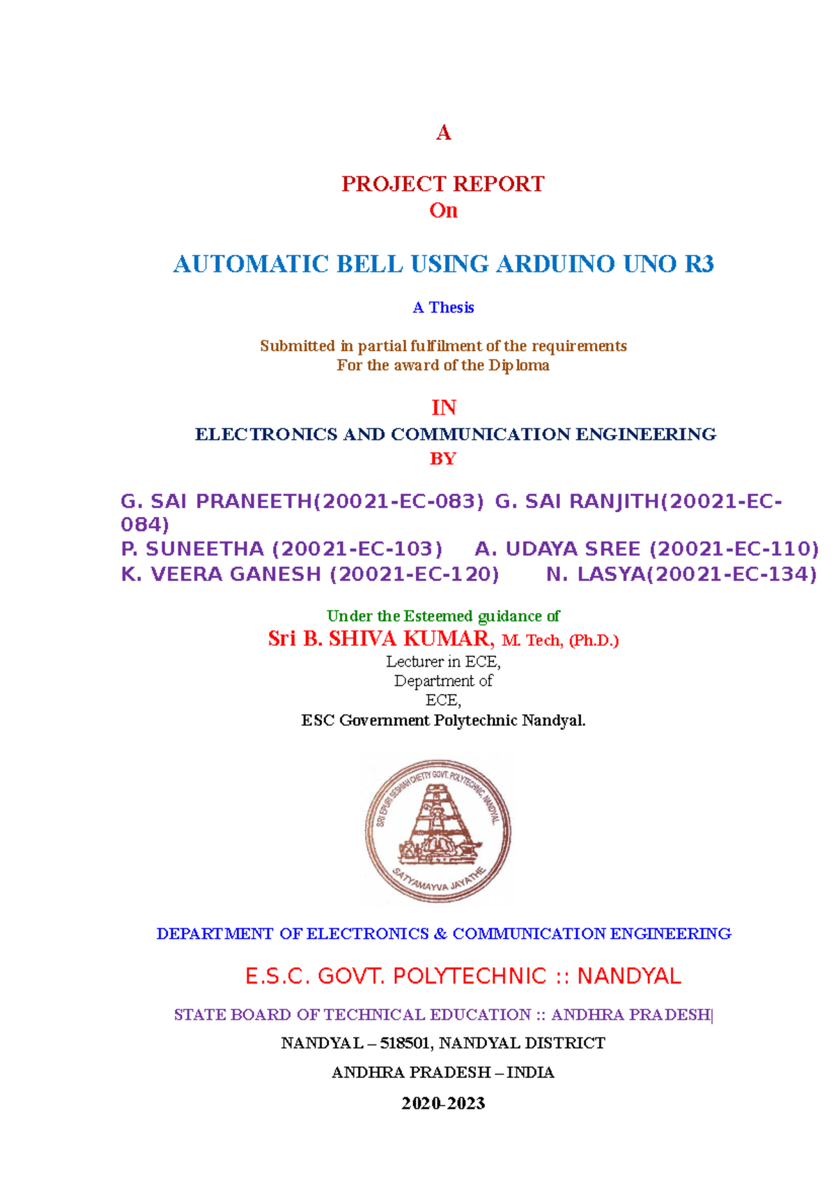 Final pdf - A PROJECT REPORT On AUTOMATIC BELL USING ARDUINO UNO R A Thesis Submitted in partial ...
