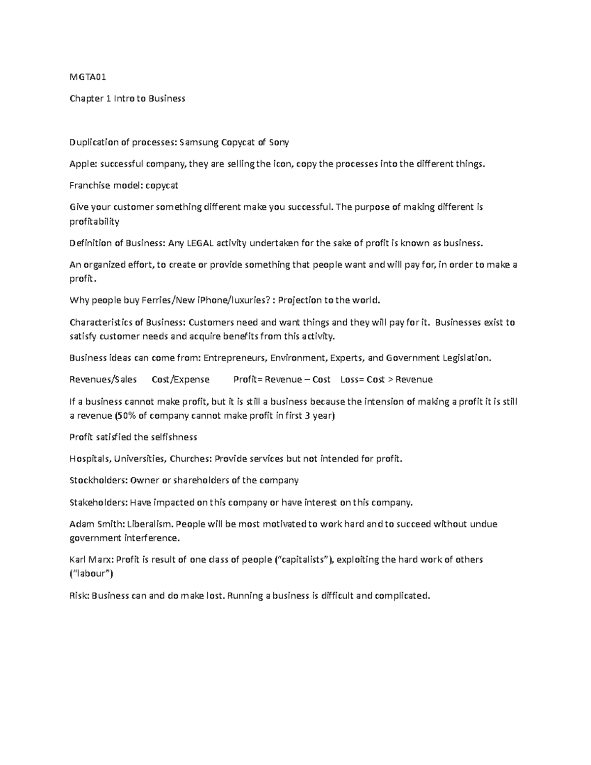 Chapter 1 Intro to Business - MGTA Chapter 1 Intro to Business ...