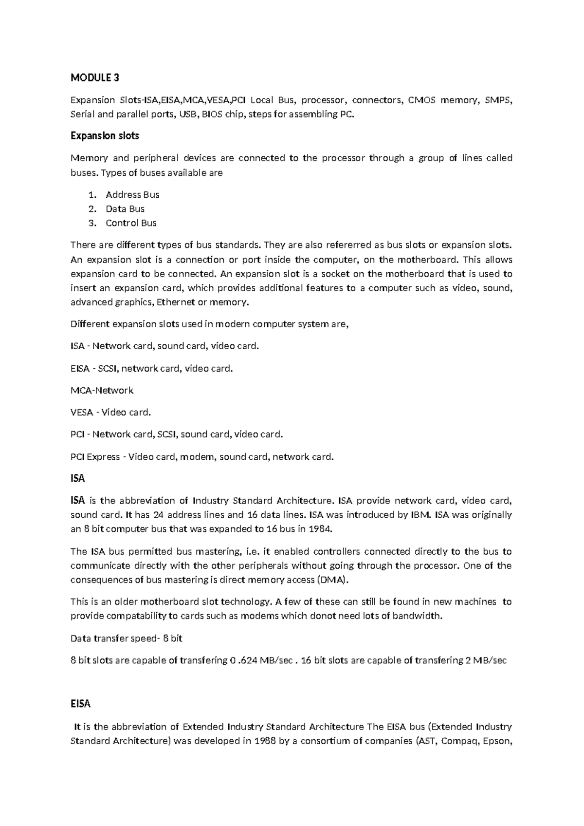 Module 3 - computer fundamentals notes - MODULE 3 Expansion Slots-ISA ...