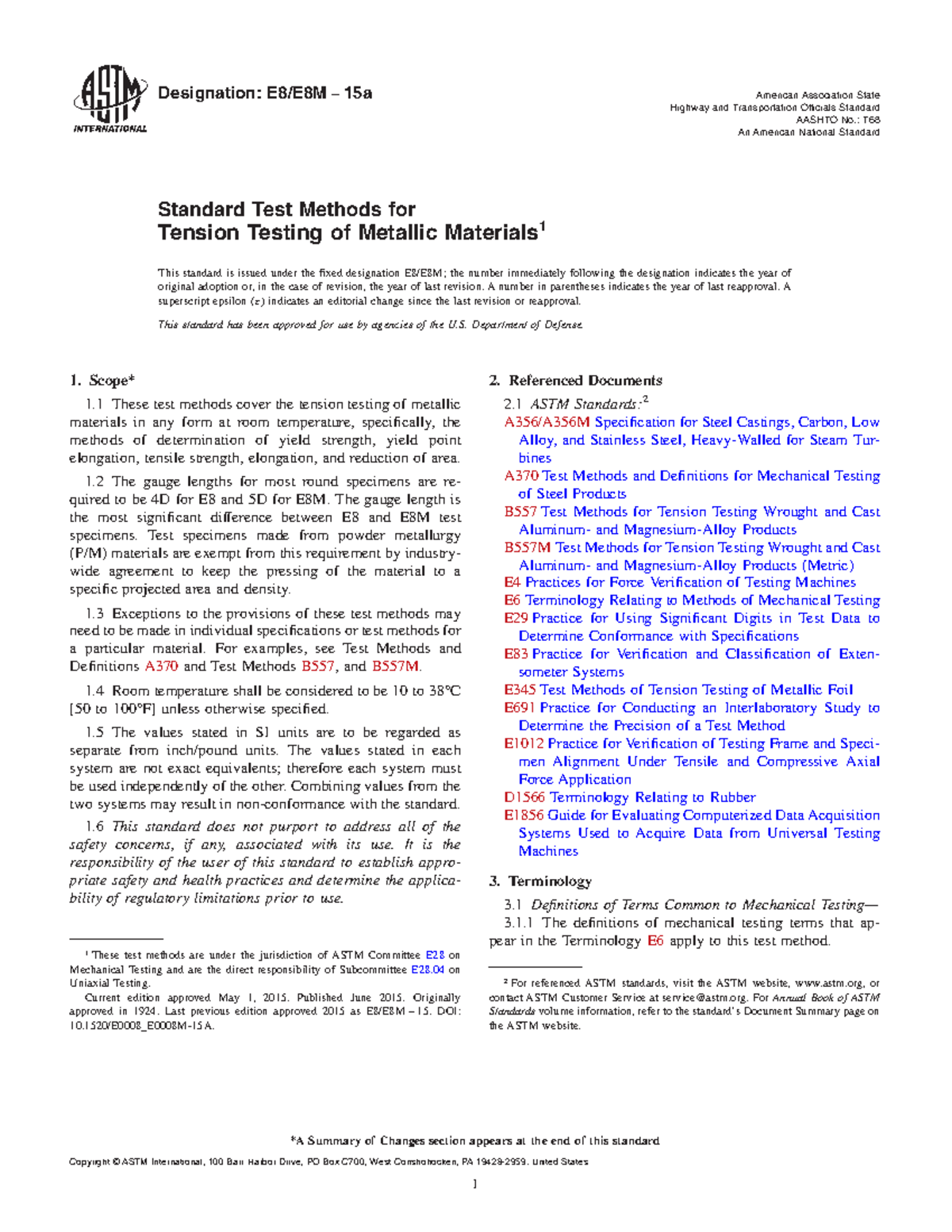 ASTM E8 E8M 15a - ASTM - Designation: E8/E8M − 15a American Association ...