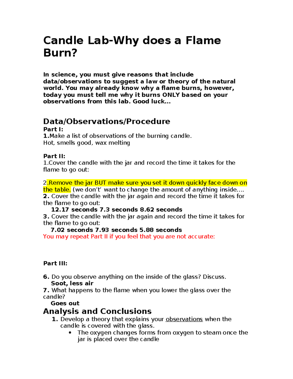Chemistry chapter 1 candle lab 4 - Candle Lab-Why does a Flame Burn? In ...