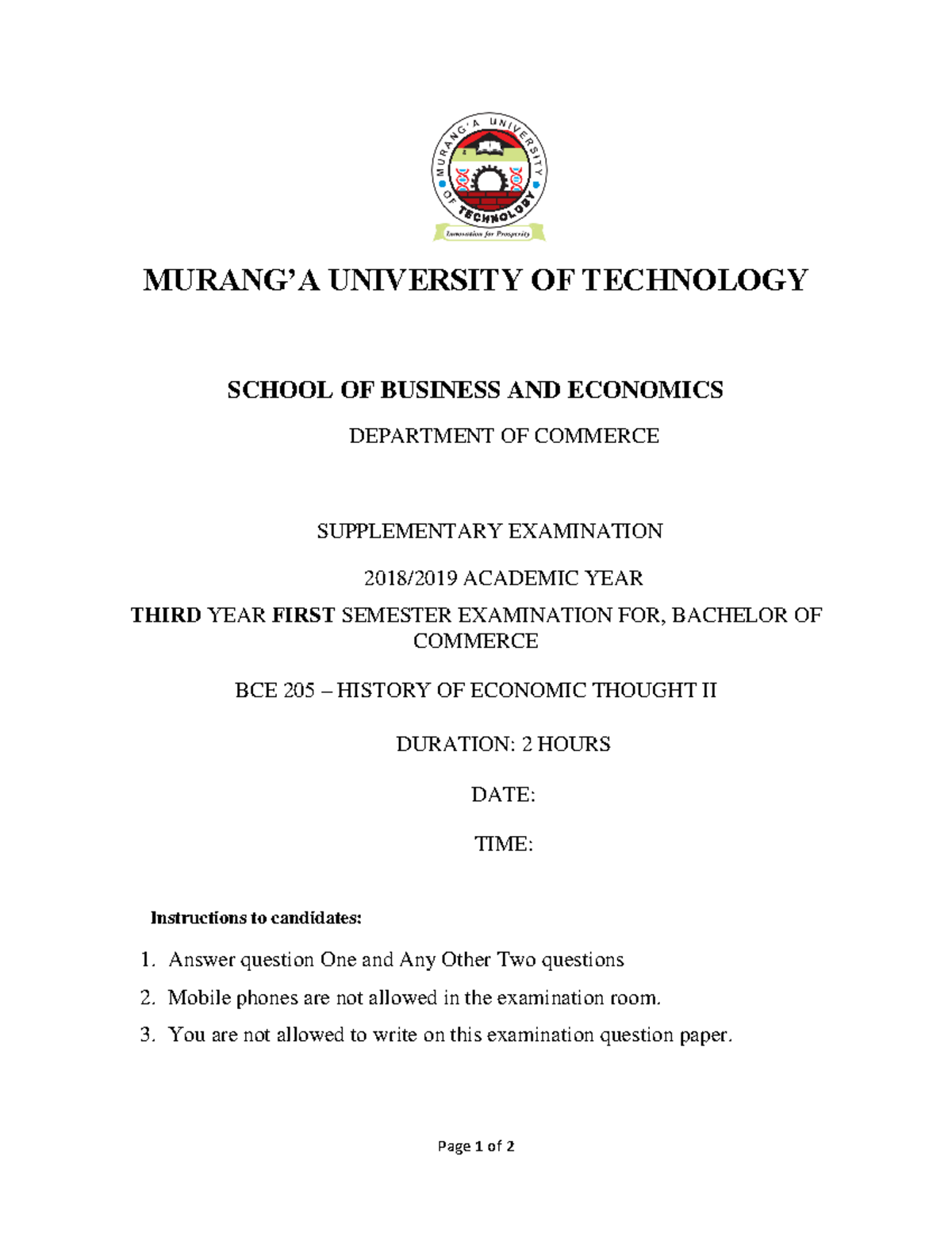 BCE 205 History OF Economic Thought II - Copy - Page 1 of 2 MURANG’A ...
