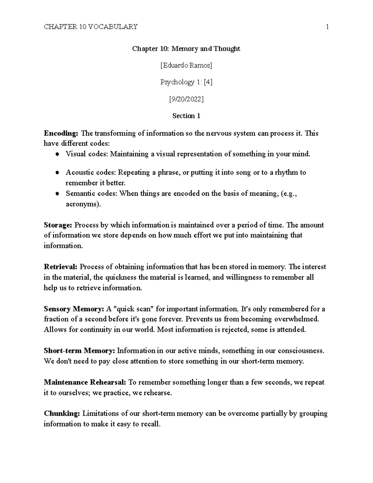 Chapter 10 Memory and Thought Vocabulary - CHAPTER 10 VOCABULARY 1 Chapter 10: Memory and ...