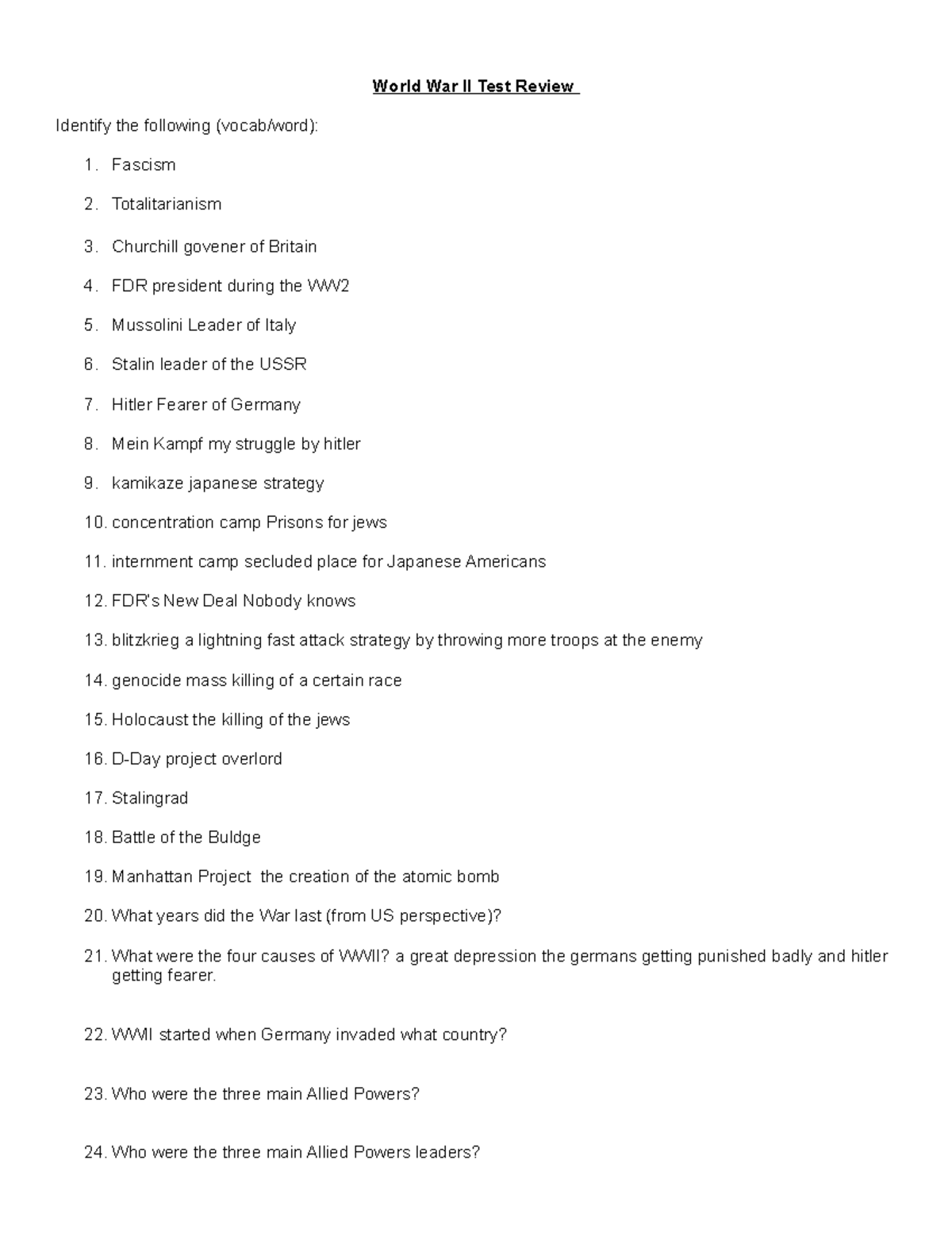 WWII Test Review - World war 2 notes - World War II Test Review ...