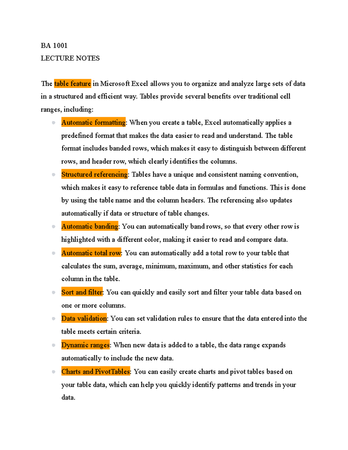 Table Feature - BA 1001 LECTURE NOTES - BA 1001 LECTURE NOTES The table ...