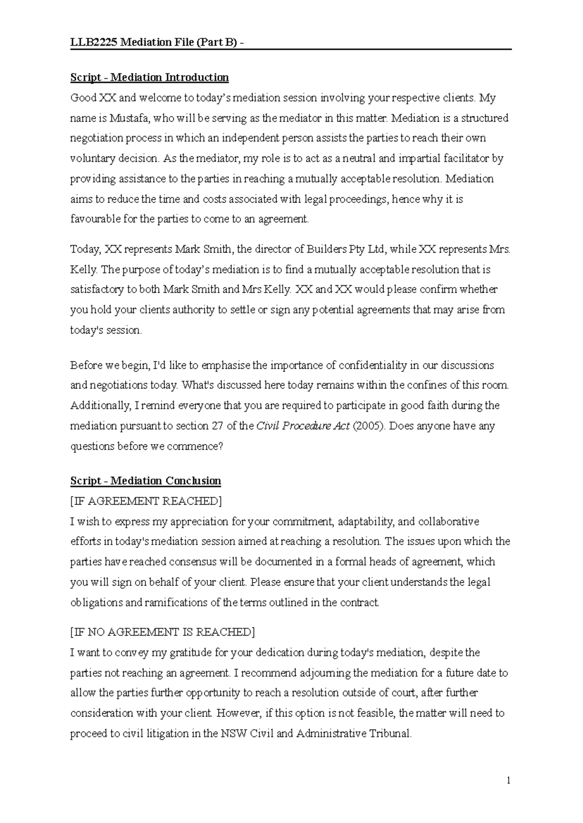 (Part B) - Mediation Plan - LLB2225 Mediation File (Part B) - Script ...