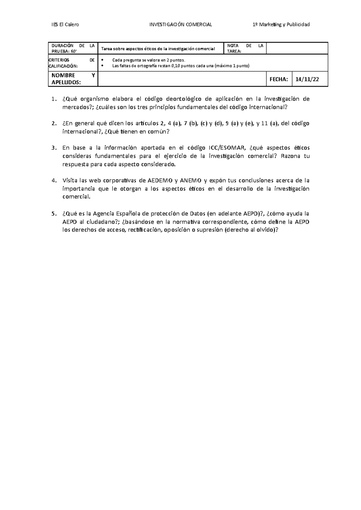 Tarea de código ICC Esomar - IES El Calero INVESTIGACIÓN COMERCIAL 1º ...