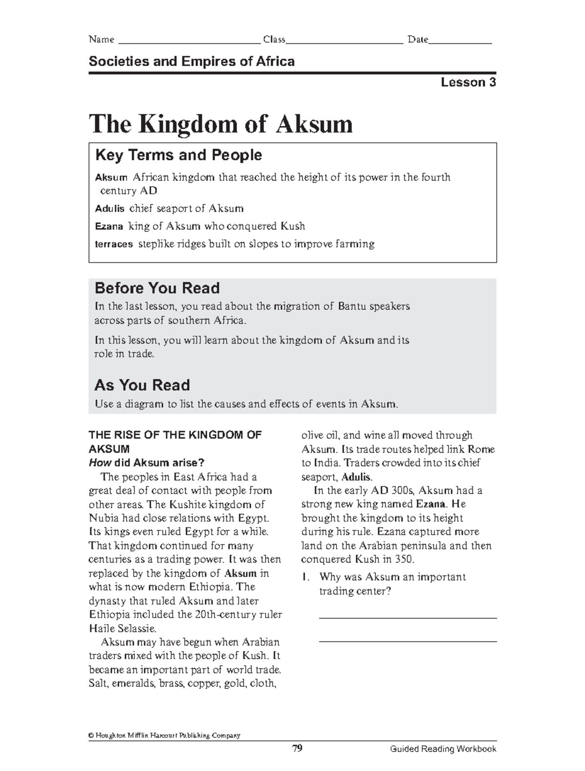 The Kingdom of Aksum Worksheet - Name ...