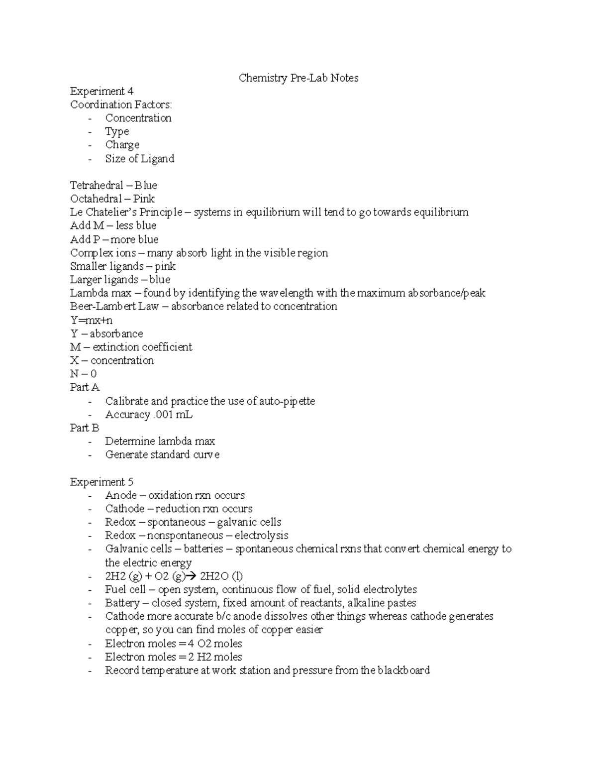 Chemistry Pre-Lab Notes - Chemistry Pre-Lab Notes Experiment 4 ...