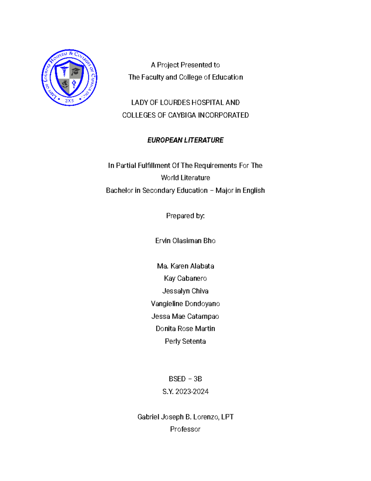 Lesson Plan (World Literature) - A Project Presented to The Faculty and ...