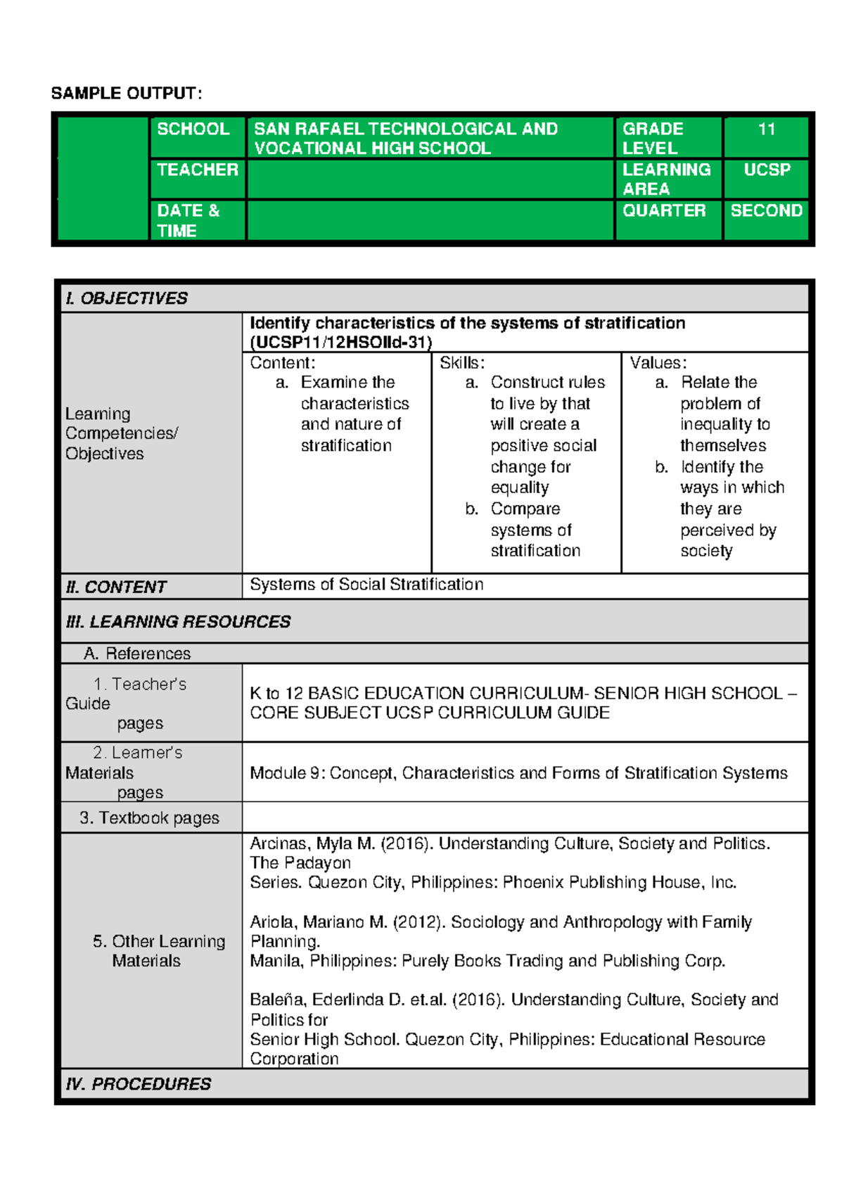 Week 5 Sample Output and Format - SAMPLE OUTPUT: I. OBJECTIVES Learning ...