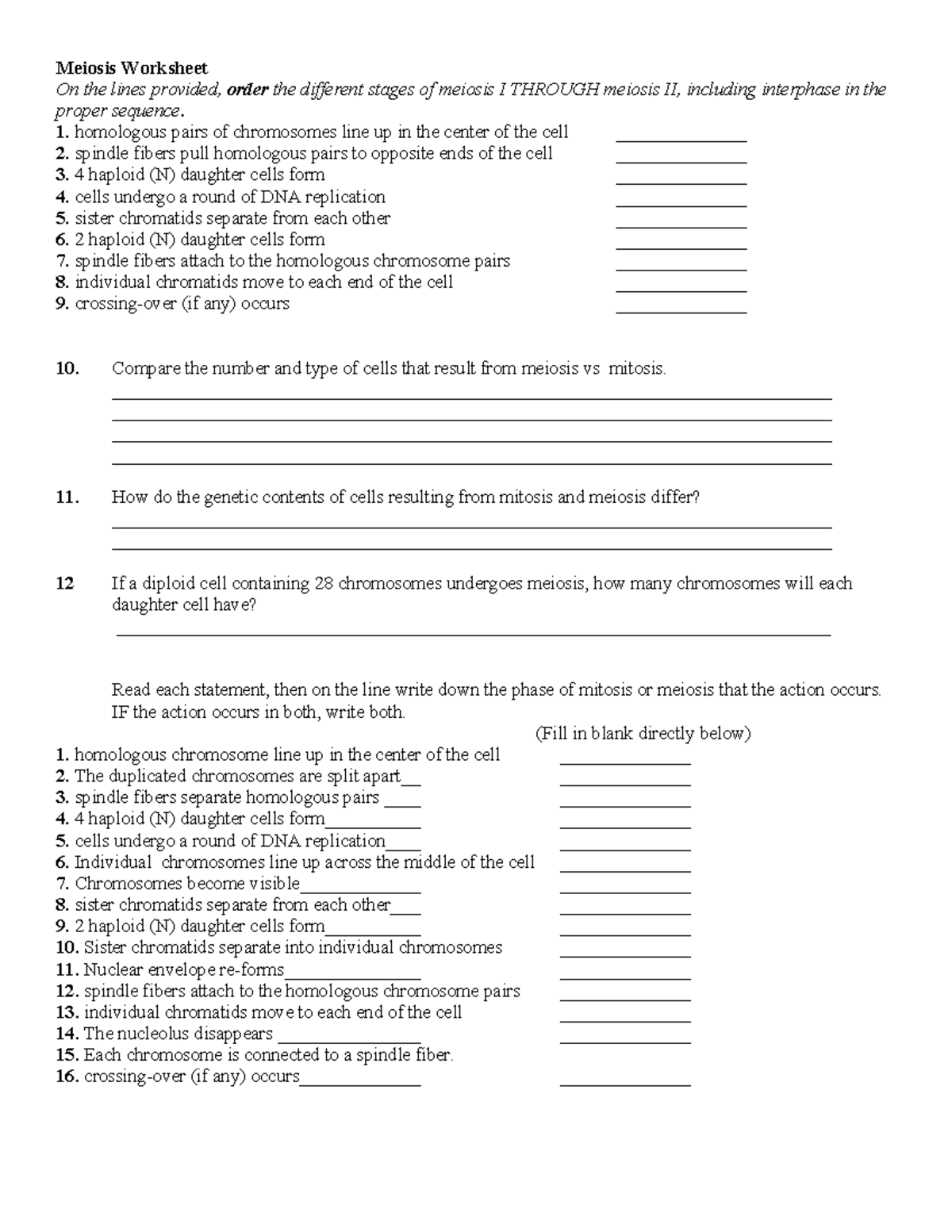 Meiosis (2nd Document) - Meiosis Worksheet On the lines provided, order ...