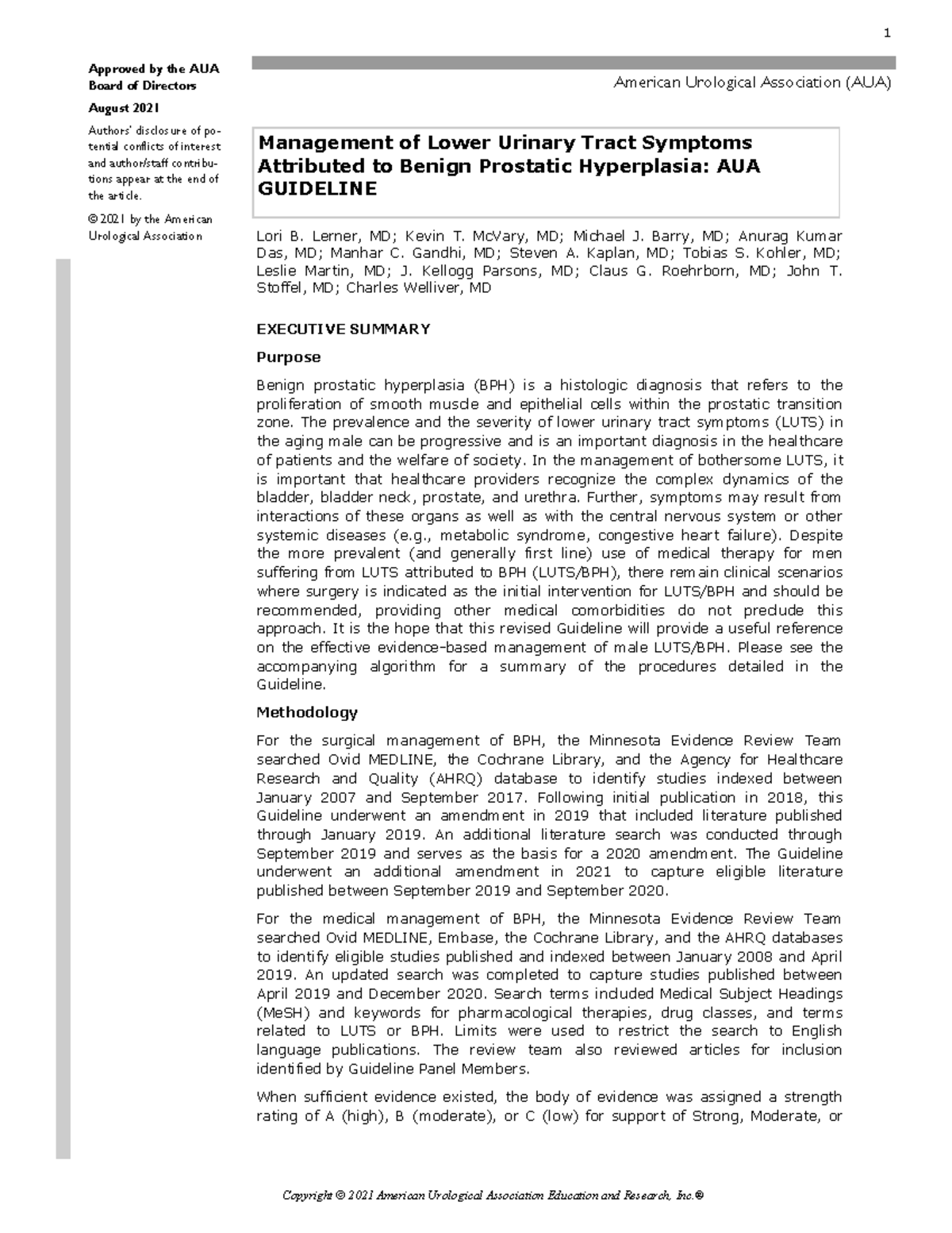 BPH Surgical-Mgmt - Apuntes - EXECUTIVE SUMMARY Purpose Benign ...