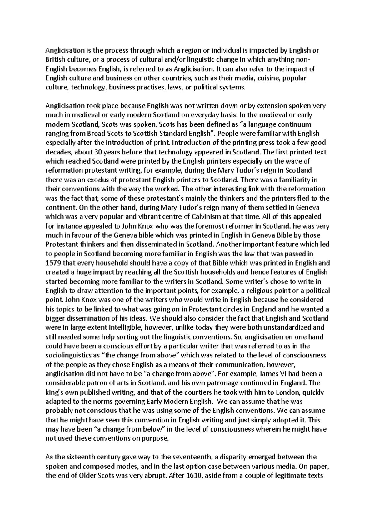 English lecture notes essay - Anglicisation is the process through ...