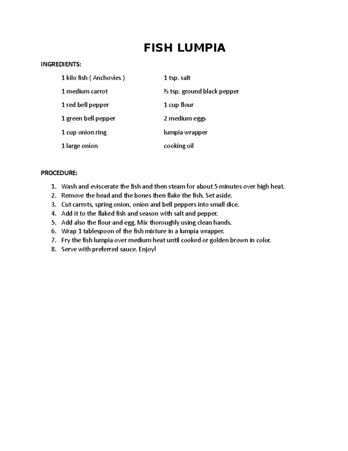 FISH Lumpia - FISH LUMPIA INGREDIENTS: 1 kilo fish ( Anchovies ) 1 tsp ...