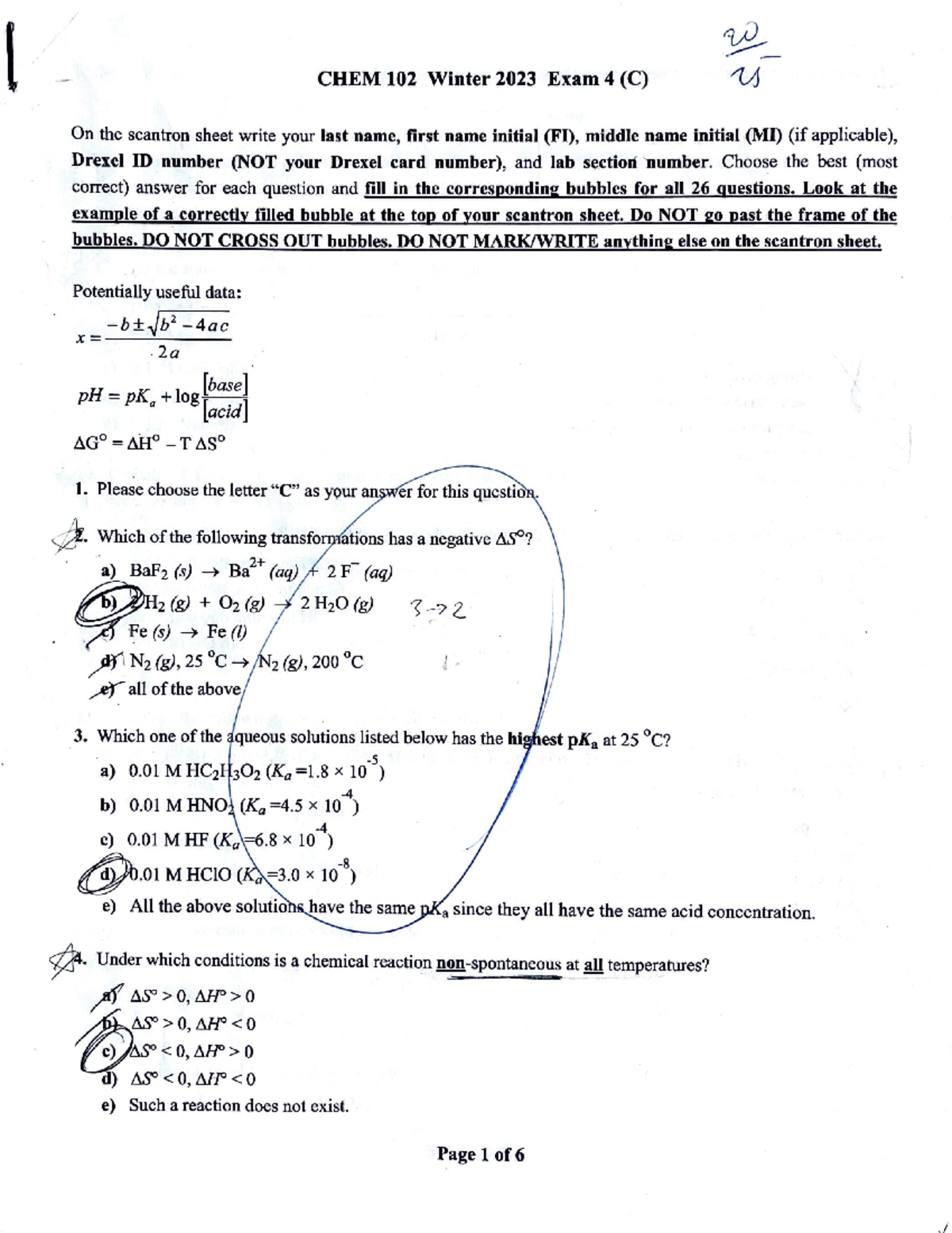 Chem 2 exam 4 - l CHEM 102 Winter 2023 Exam 4 (C) On the scantron sheet write your last name ...