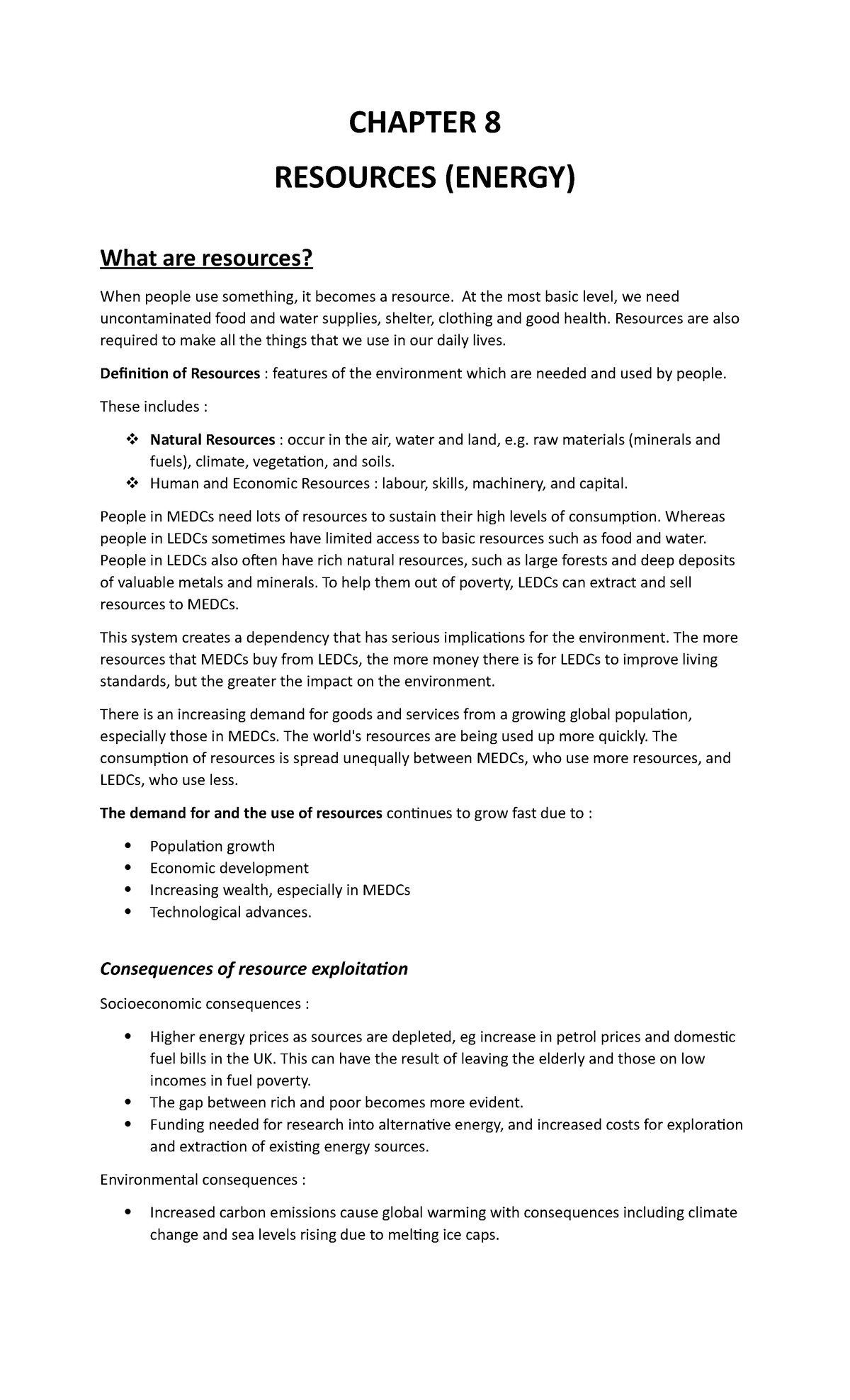 Chapter 8 - Summary Geography - CHAPTER 8 RESOURCES (ENERGY) What are ...
