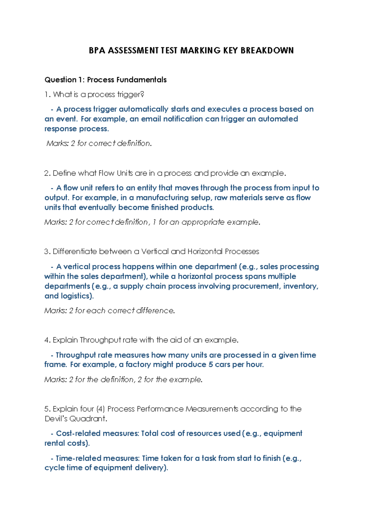 BPA Assessment TEST Marking KEY Breakdown-1 - BPA ASSESSMENT TEST ...