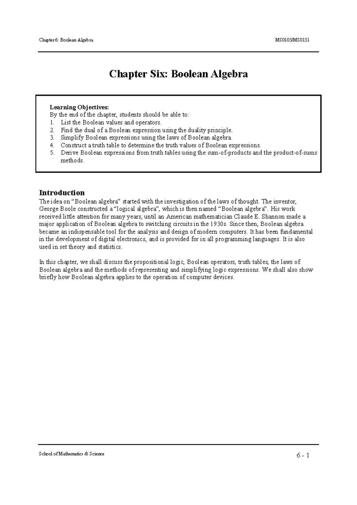 Chapter 6 - Boolean Algebra - School of Mathematics & Science 6 - 1 ...