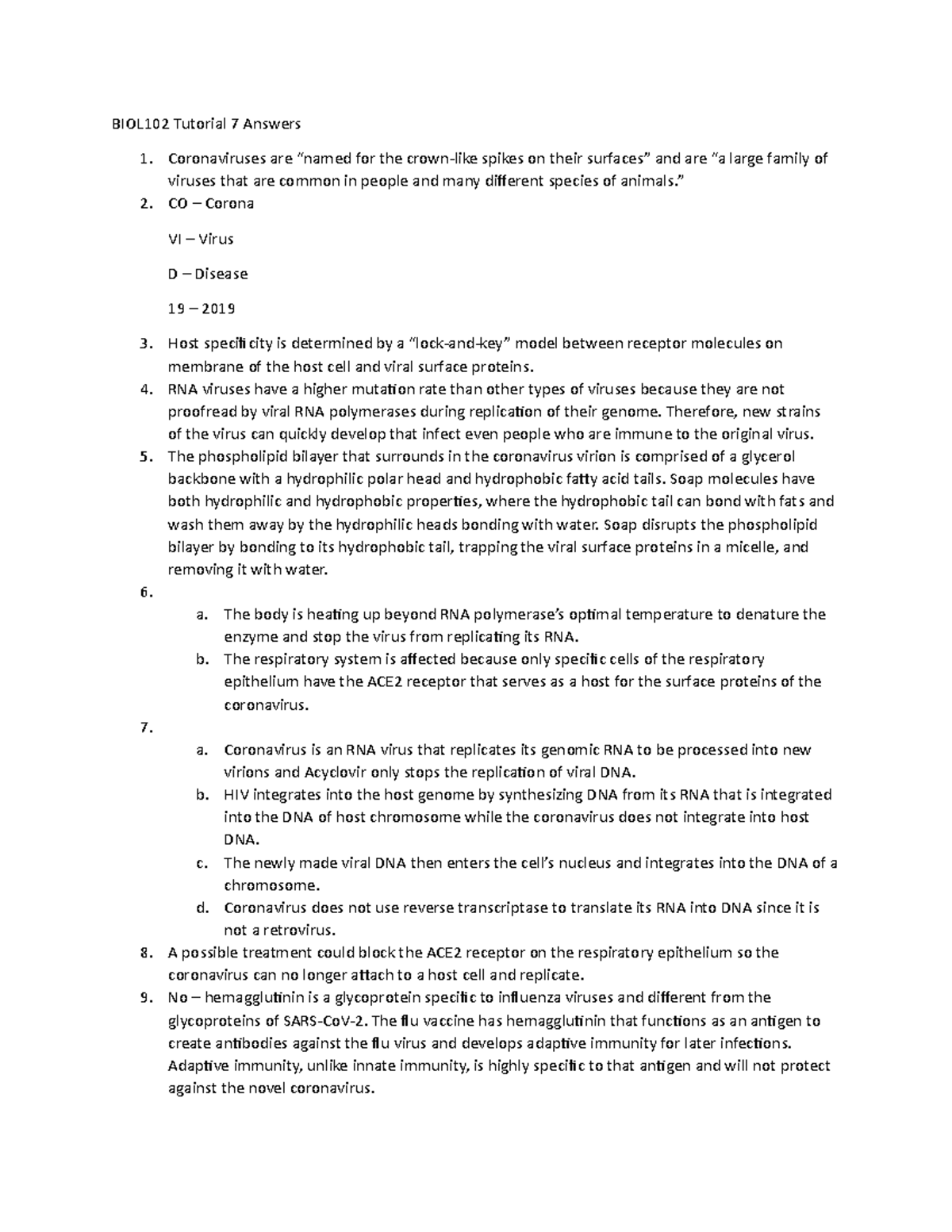 Tutorial 7 Viruses - BIOL102 Tutorial 7 Answers Coronaviruses are ...