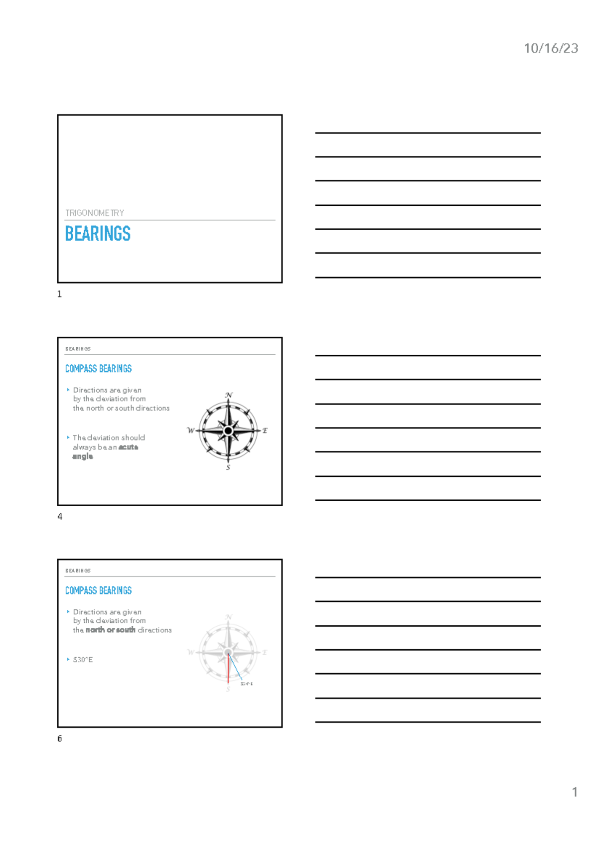 Bearings Handout - Helpful stuff! - 10/16/ 1 BEARINGS TRIGONOMETRY 1 ...