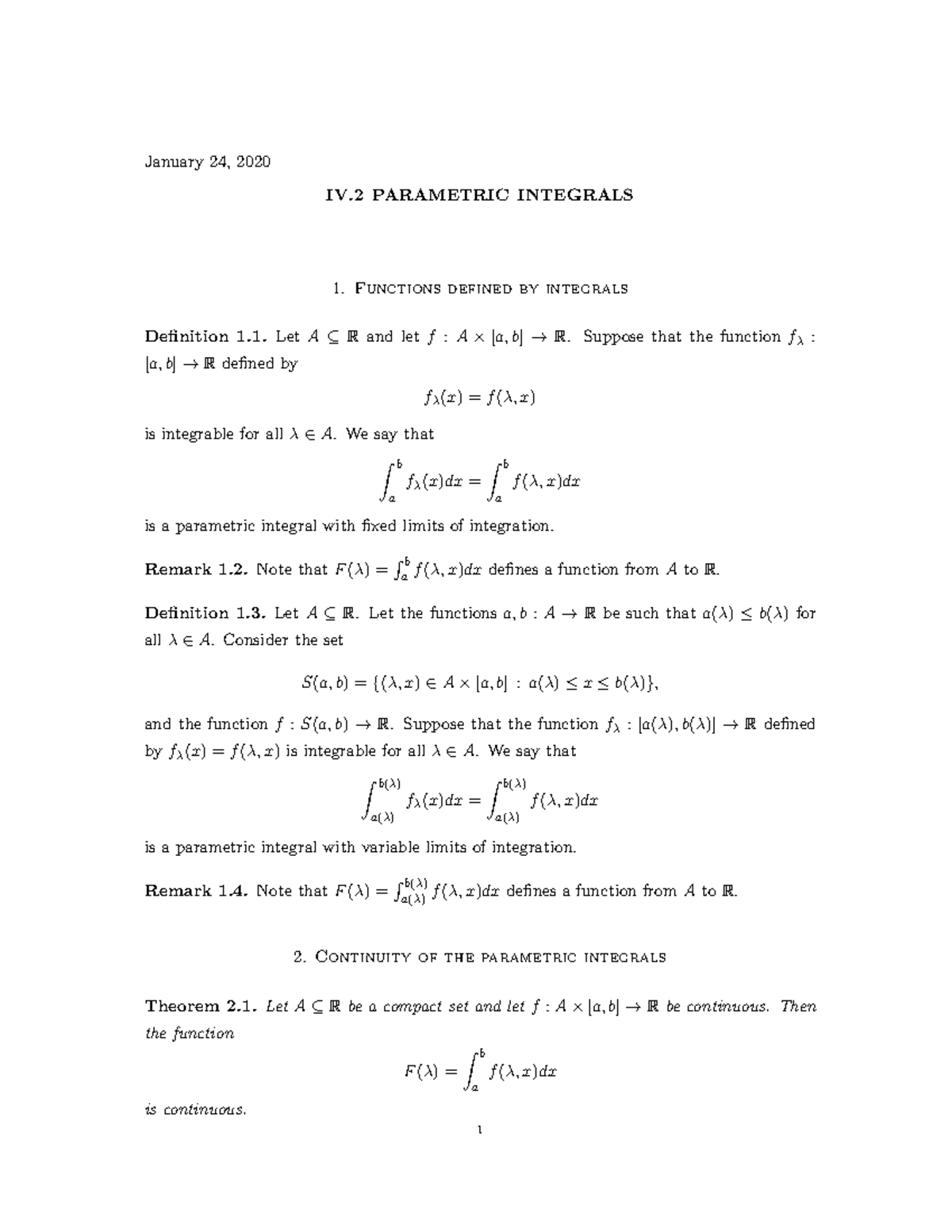 Ch4-2 parametric integrals - January 24, 2020 IV PARAMETRIC INTEGRALS Functions defined by ...