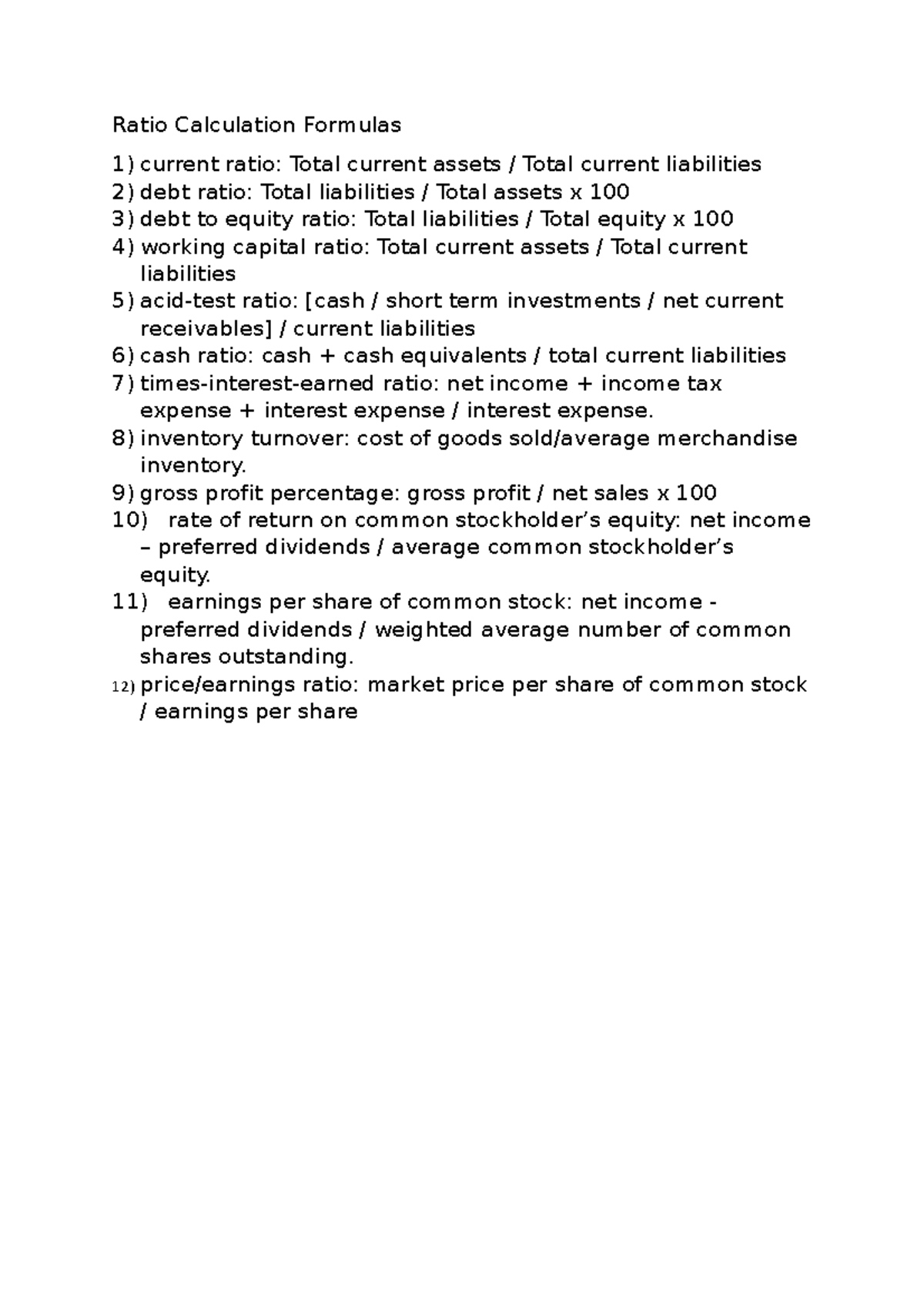 Ratio Calculation Formulas - Ratio Calculation Formulas current ratio ...