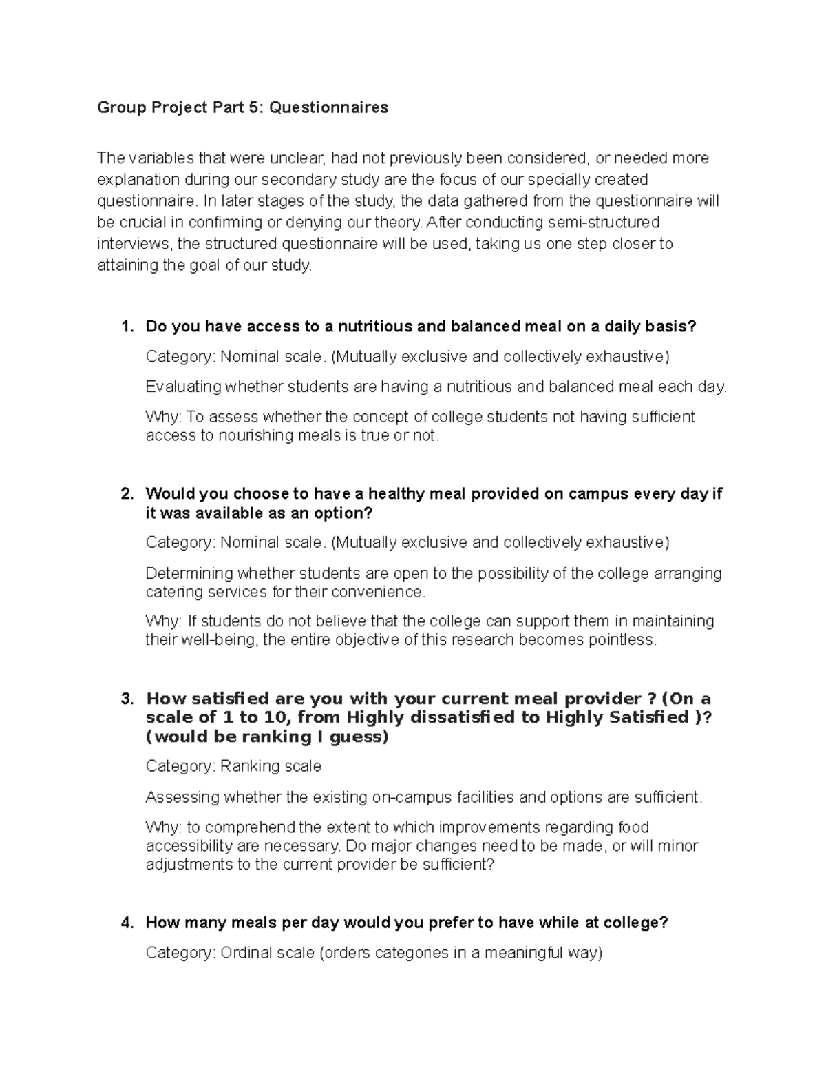 Interview Questions Part 5 Updated Group Project Part 5 Questionnaires The Variables That