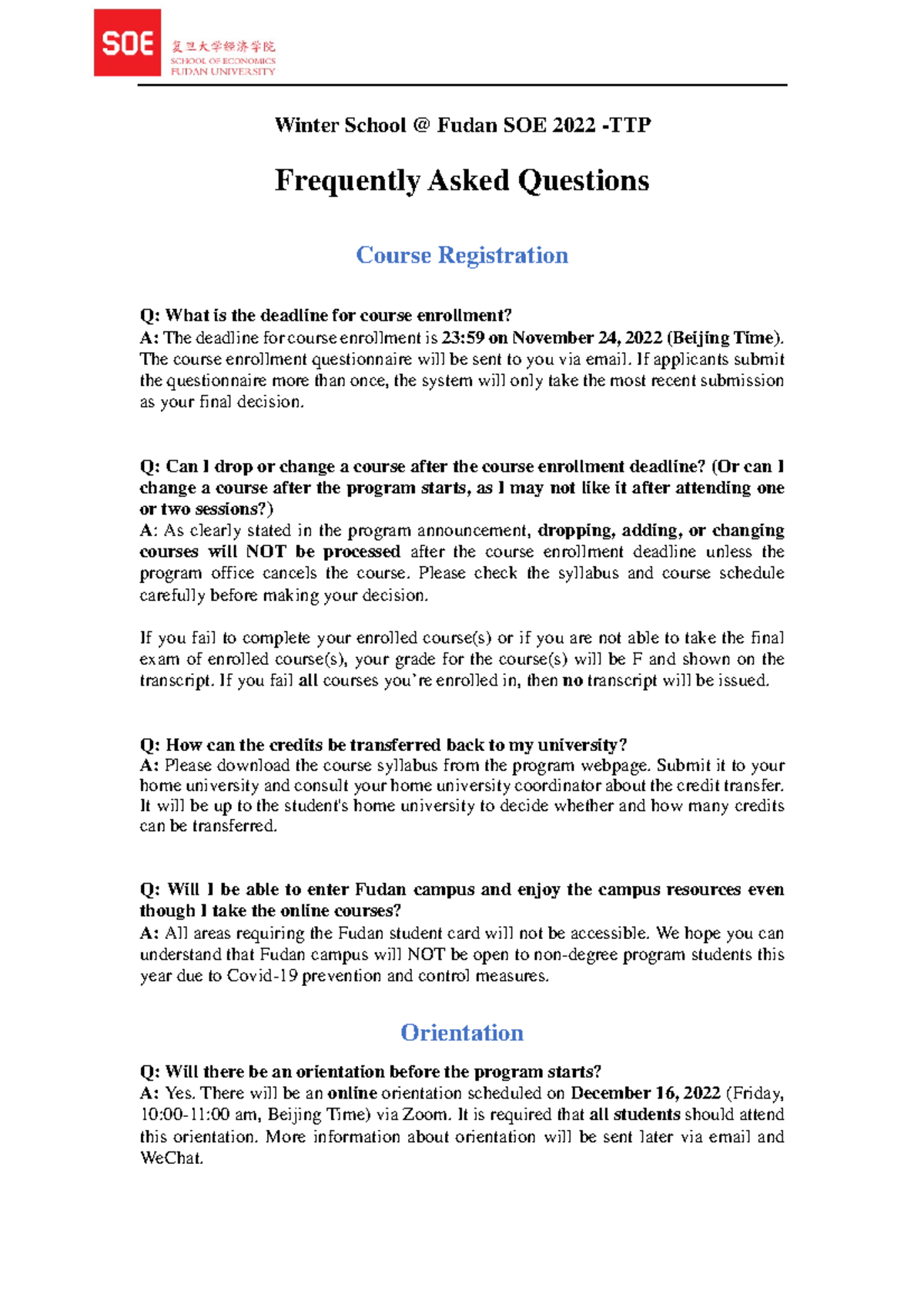 FAQ - Winter School @ Fudan SOE 2022 - TTP - Course Registration Q ...