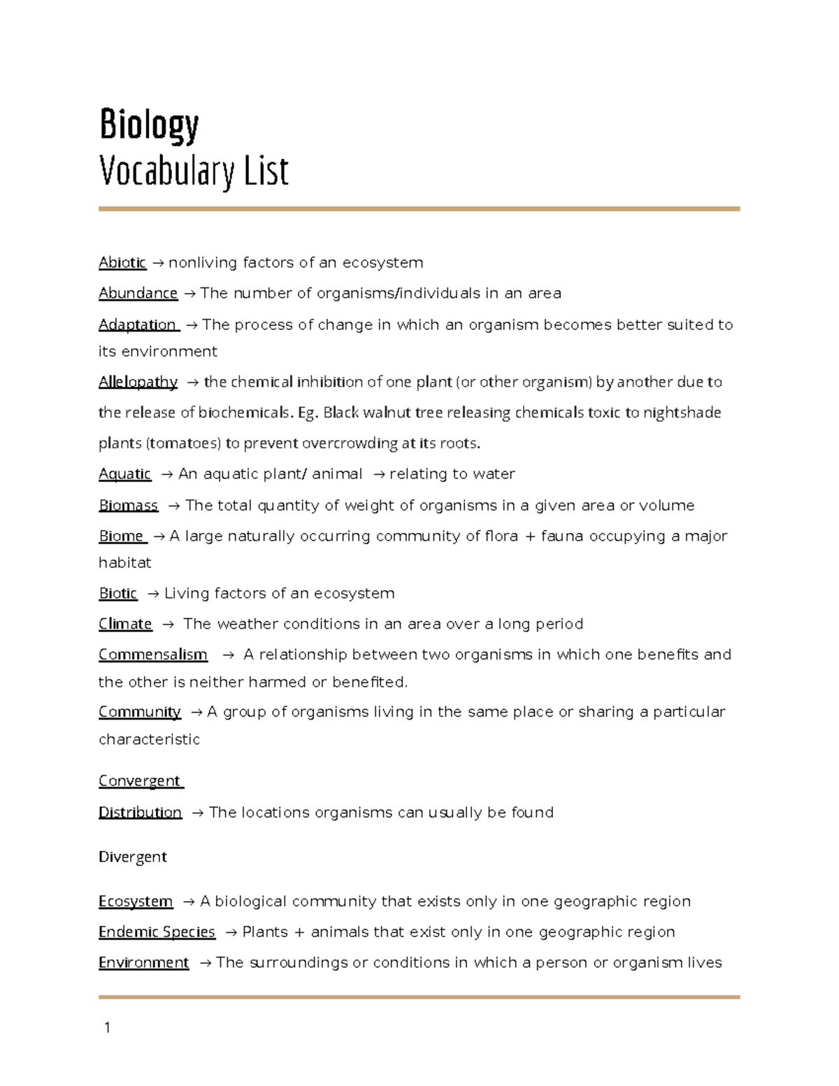 Biology Vocabulary - Biology Vocabulary List Abiotic → nonliving ...