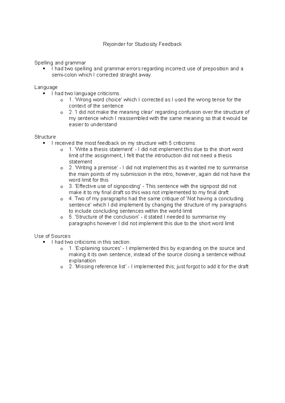 Rejoinder Feedback - Rejoinder for Studiosity Feedback Spelling and ...