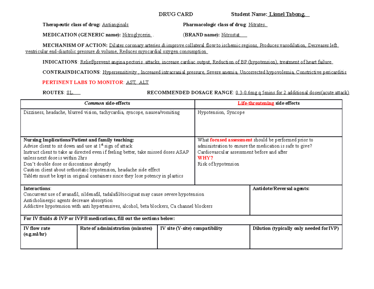 Nitroglycerin Drug Card - DRUG CARD Student Name: Lionel Tabong ...