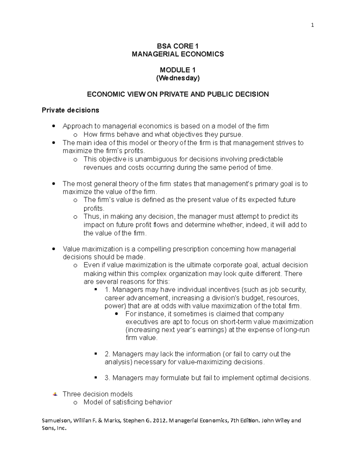 Module 1 WED BSA CORE 1 - Lecture notes 1-3 - BSA CORE 1 MANAGERIAL ...