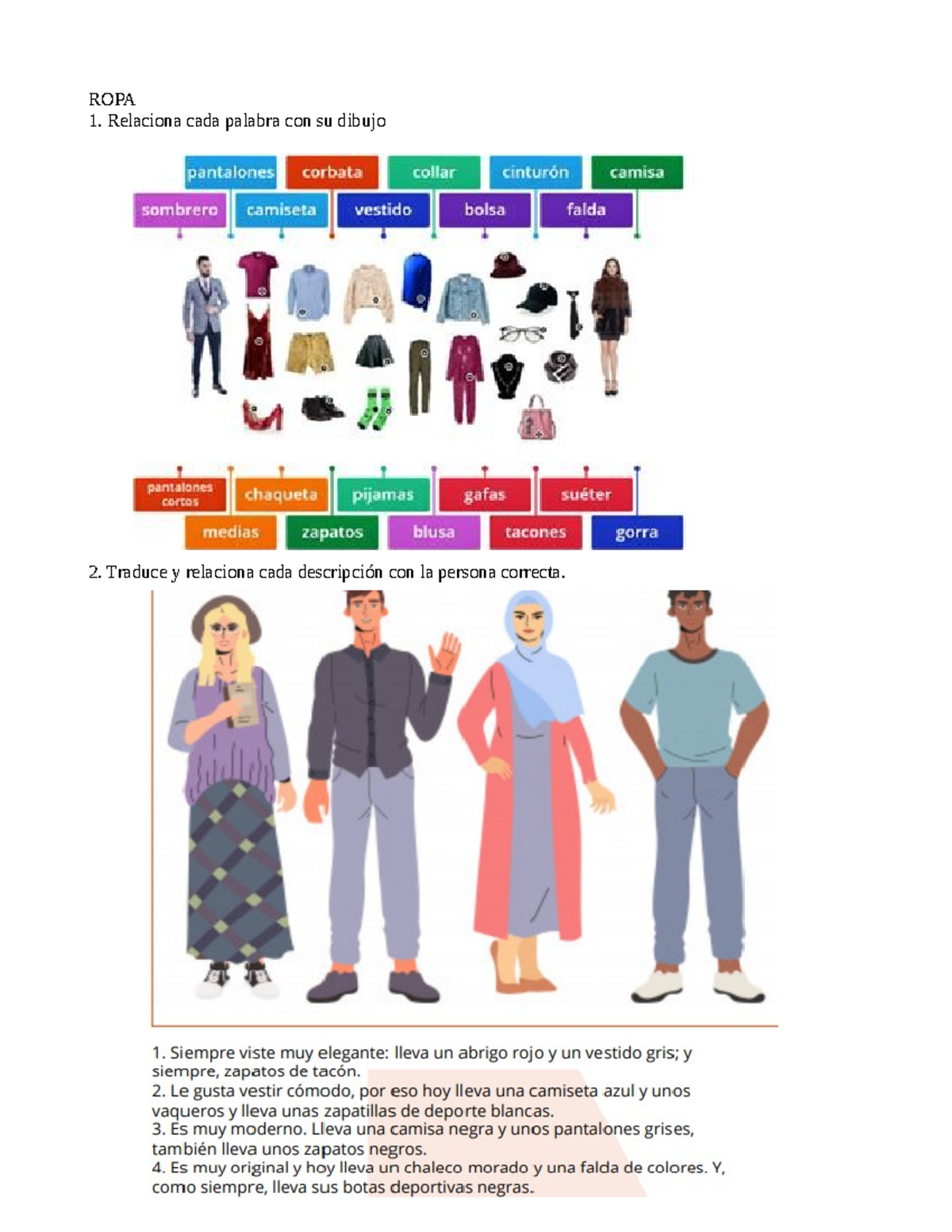 Ejercicios ROPA - clothes - ROPA Relaciona cada palabra con su dibujo ...